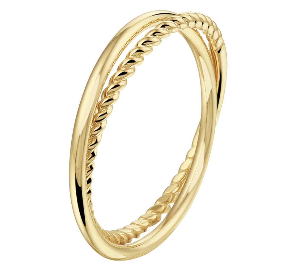 14-karaat gouden crossover ring met gladde en gedraaide banen ...