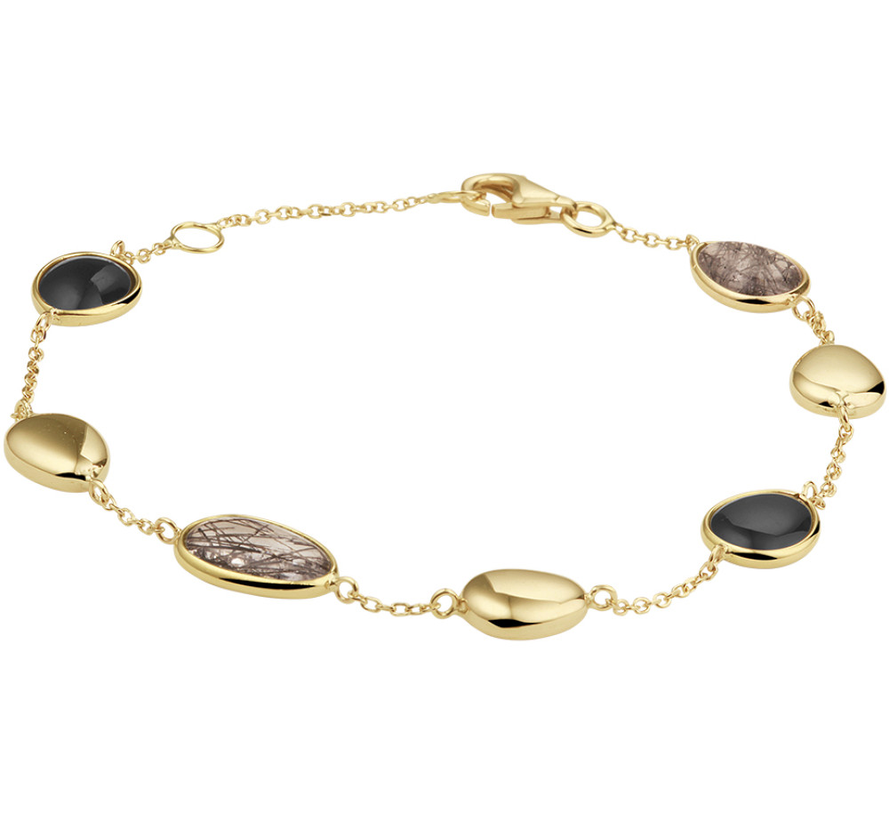 14-karaat gouden edelsteen schakelarmband met zwart rutiel en onyx ...