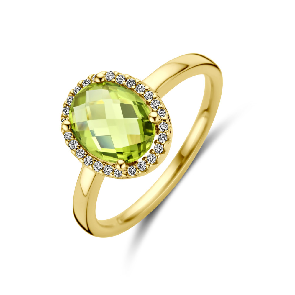 14-karaat gouden halo ring met ovale groene peridoot en diamanten ...