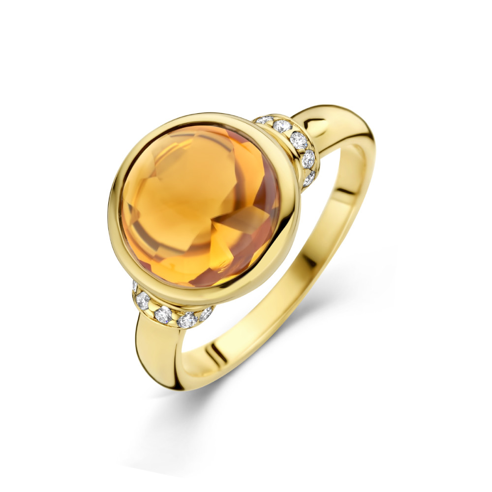 14-karaat gouden ring met ronde citrien en diamanten | Trendjuwelier