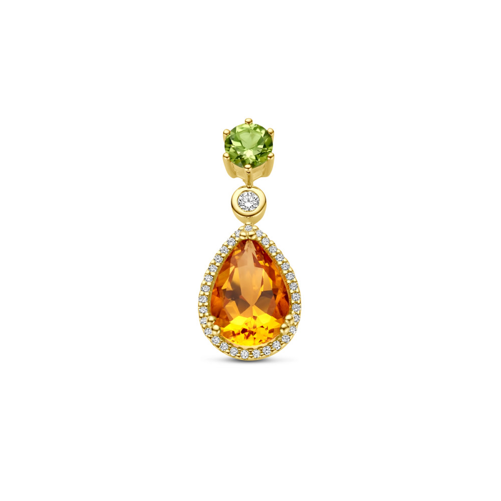 Gouden druppel hanger met citrien. peridoot en diamanten 0.17 crt ...
