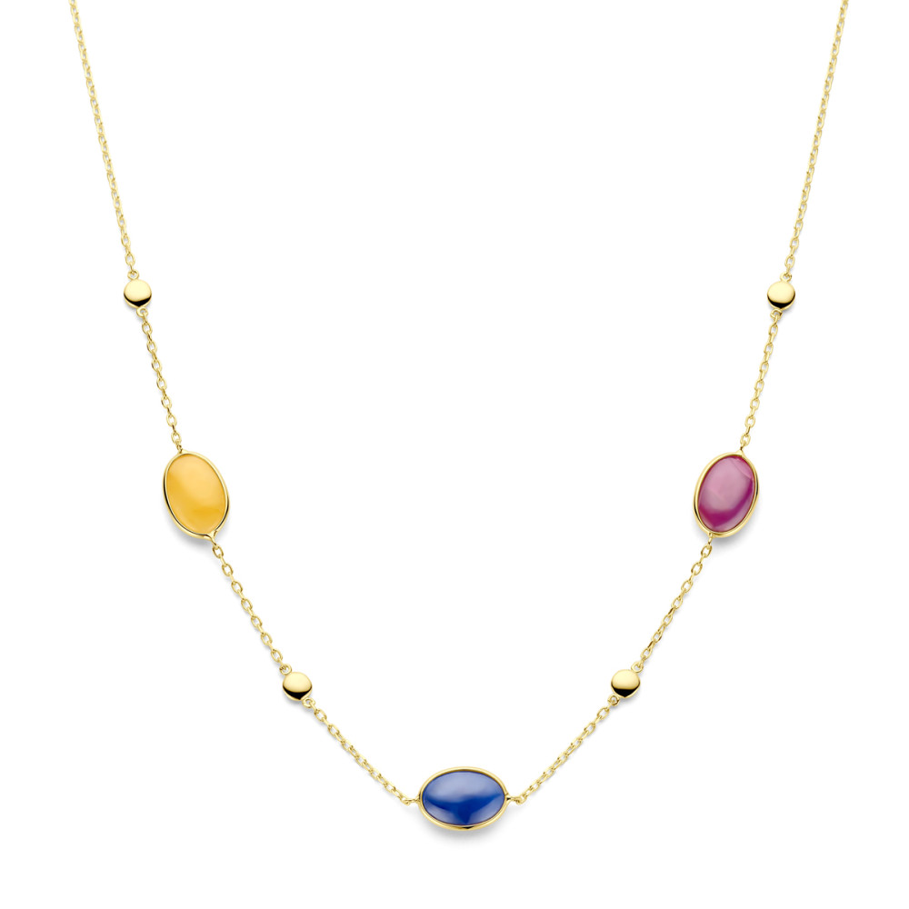 Ronde en ovale gouden collier met blauwe, rode en gele saffier - Lengte ...