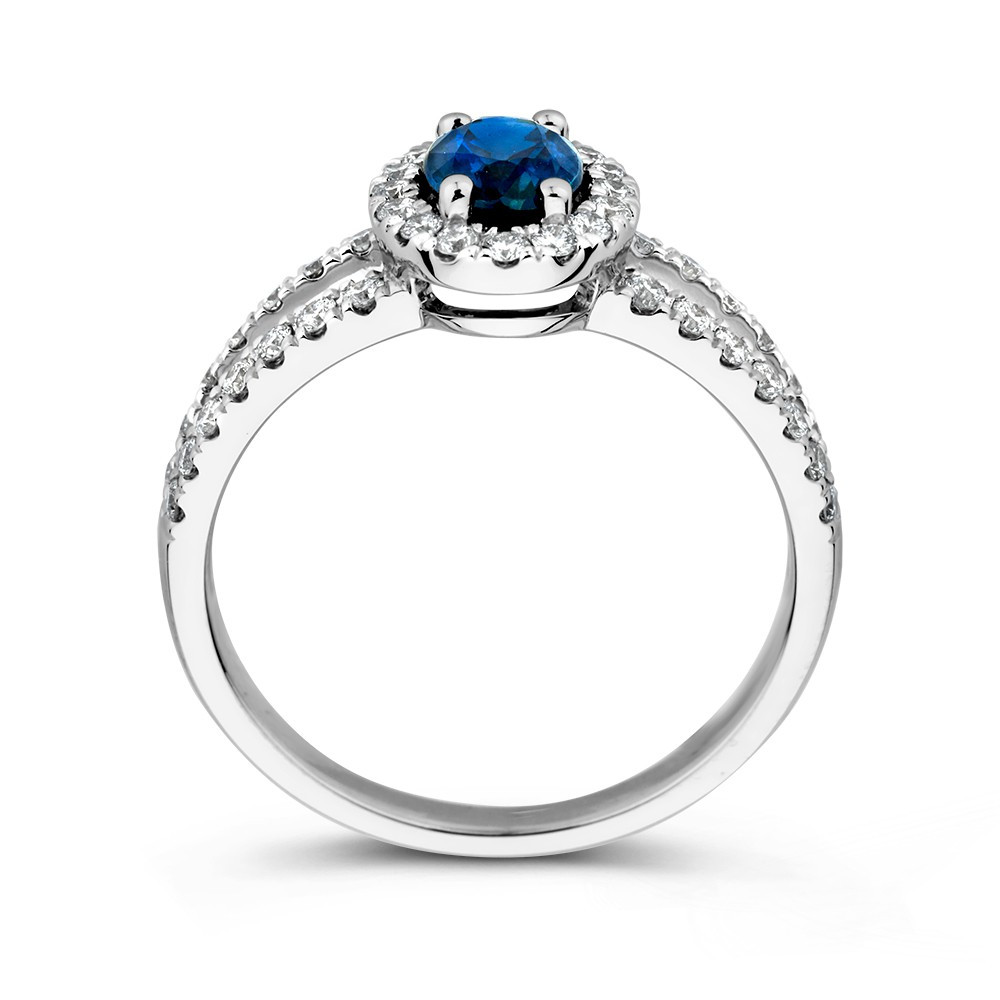 Ovale entourage ring van 14-karaat witgoud - Met blauwe saffier en ...