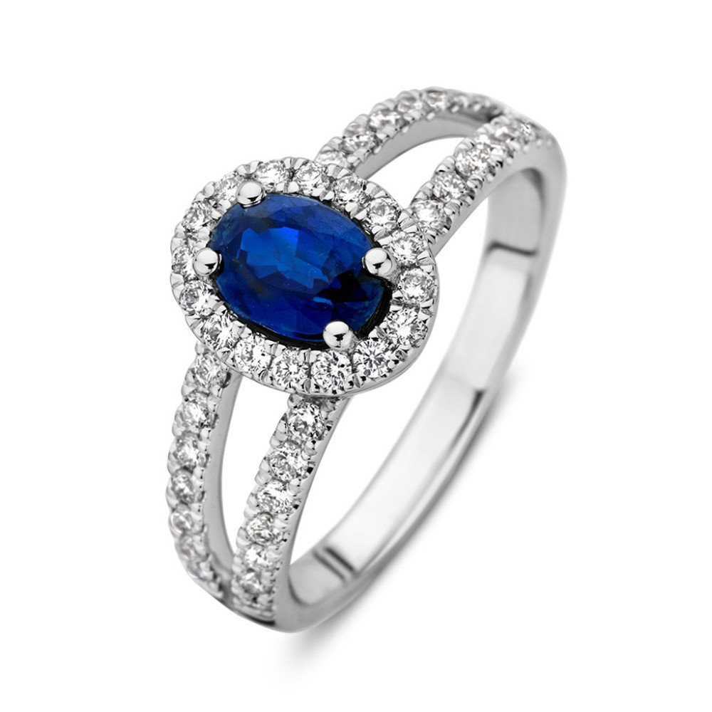 Ovale entourage ring van 14-karaat witgoud - Met blauwe saffier en ...